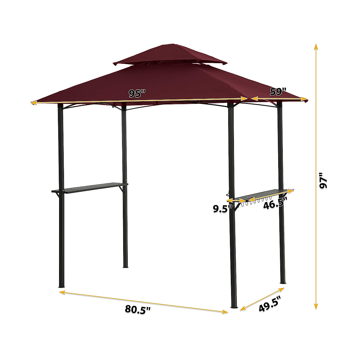 8' x 5' Grill Gazebo Shelter, Outdoor BBQ Gazebo with Double Tier Soft Top, Grill Canopy Tent with Hook and Shelves for Patio Backyard, Steel Frame, Burgundy