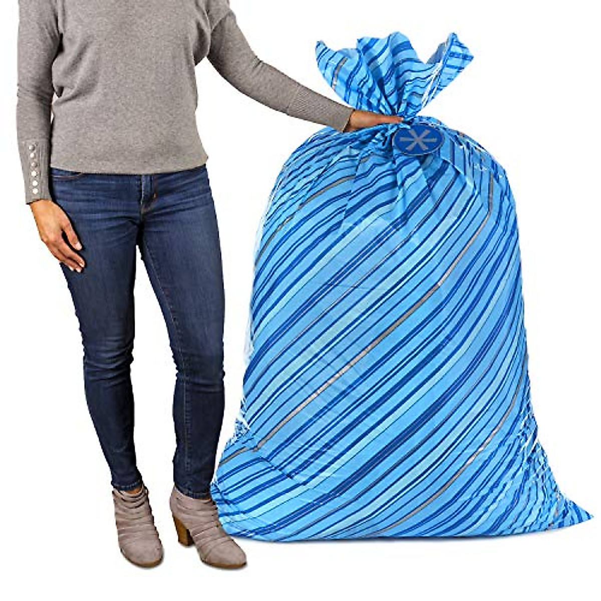 Hallmark 56" Jumbo XL Holiday Plastic Gift Bag (Blue Stripes with Gift Tag) for Hanukkah, Christmas, Father's Day, Birthday, Graduations, Baby Showers
