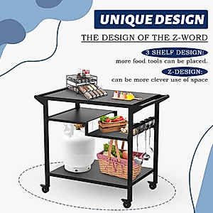 RAXSINYER 20"x 32" Three-Shelf Movable Outdoor Dining Cart Table, Multifunctional Food Prep Table, Outdoor Grill Table with Wheels