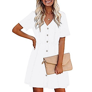 luvamia Women's Denim Shirt Dress Button Down Skirt V Neck Short Sleeve Jean Dresses Cute Dresses Skater Dress Knee Length Dress for Women A Line Dresses for Women Brilliant White Size Medium