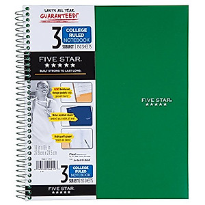 Five Star 06210 Wirebound 3-Subject Notebook, College Rule, 11 x 8 1/2, 150 Sheets, Assorted