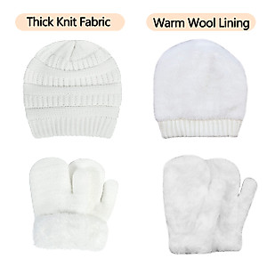 Muryuobao Toddler Kids Girls Boys Knitted Winter Hat Gloves Set Warm Fleece Lined Hats Baby Cable Skull Beanie Cap Mittens Set White Small