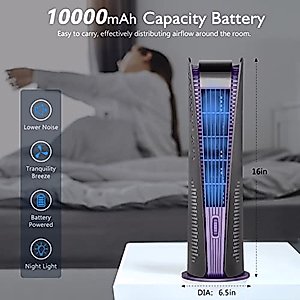 SISMEL Bladeless Tower Fan for Home, 10000mAh Battery Operated Portable Fan with 3 Speeds, Timer, Night Light, LED Display, 16" Small Quiet Oscillating Desk Fan for Bedroom, Office, Camping (Grey)