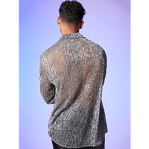 WDIRARA Men's Sheer Mesh See Through Glitter Button Front Long Sleeve Shirt Tops Silver XL