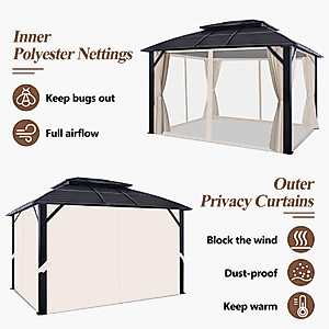 GARTOO 10x12FT Outdoor Galvanized Steel Hardtop Gazebo - Dome Canopy Gazebo with Breathable Mesh Screen & Private Curtains for Gaeden, Poolside, Deck, Backyard