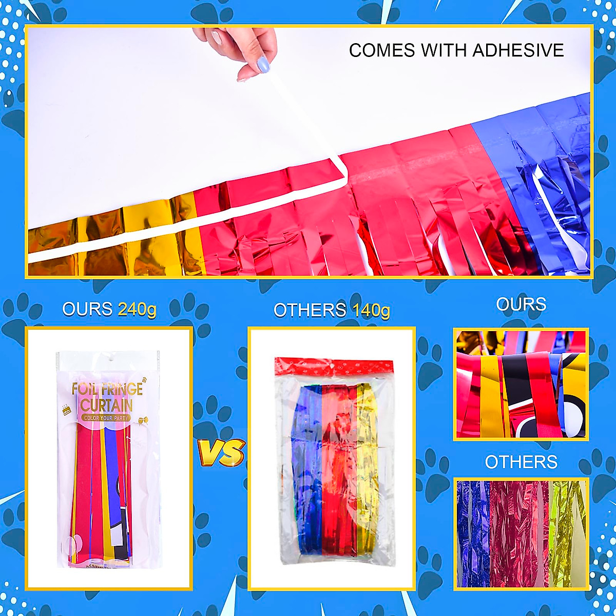Bupelo Paw Birthday Decorations, 2 Pack Gold Red and Blue Paw Birthday Party Supplies 3.3 x 6.6ft Tinsel Foil Fringe Curtains Photo Booth Props Backdrop Streamers, House Doorway Room Decor for Kids