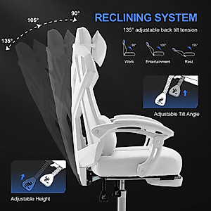 GTRACING Gaming Chair, Computer Chair with Mesh Back, Ergonomic Gaming Chair with Footrest, Reclining Gamer Chair with Adjustable Headrest and Lumbar Support for Gaming and Office (White)