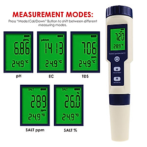 DANOPLUS 5 in 1 Digital pH Meter with TDS/EC/Salinity/Temperature Measurement Waterproof Highly Accurate Multi-Parameter Tester