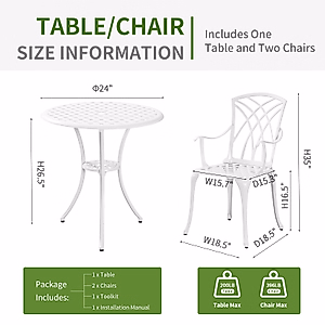 PATIO-IN 3 Piece Patio Set Cast Aluminum Patio Furniture Outdoor Bistro Table Set with Adjustable Foot Cap,Metal Bistro Table and Chair Set of 2 for Front Porch,Garden,White