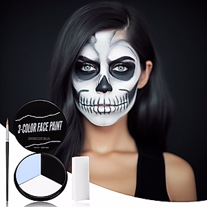 BOBISUKA White Black Grey Face Body Paint + 3PC Sponge + Brush, Colored Eye Black for Baseball Softball Sport Games, Face Painting Kit for Halloween Skeleton Skull, Clown Cosplay, Costume, SFX Special