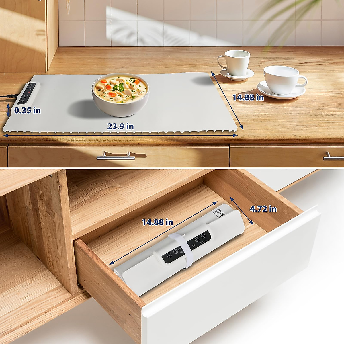 Orgthin Electric Warming Tray, Full Surface Heating Plate, Foldable Heating Mat, Silicone Food Warmer, 3 Temperature and Timing Levels for Everyday Use Gatherings Parties Holidays Picnics Buffet White