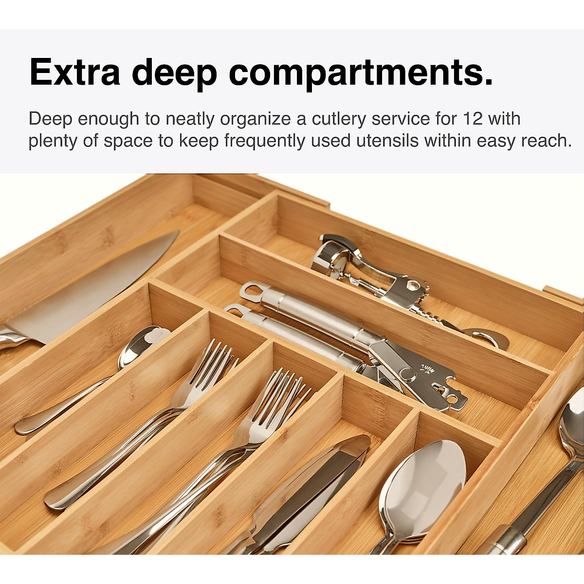 Stedware Kitchen Drawer Organizer, Heavy Duty Reinforced Silverware Divider Tray, Expandable Bamboo Utensil Holder for Flatware, Cutlery, Knives - Kitchen Organization and Storage