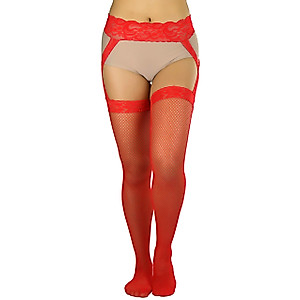 ToBeInStyle Women’s Flirtatious Hip Criss Cross Lace Fishnet Garter Belt Stockings - - Red (Queen)
