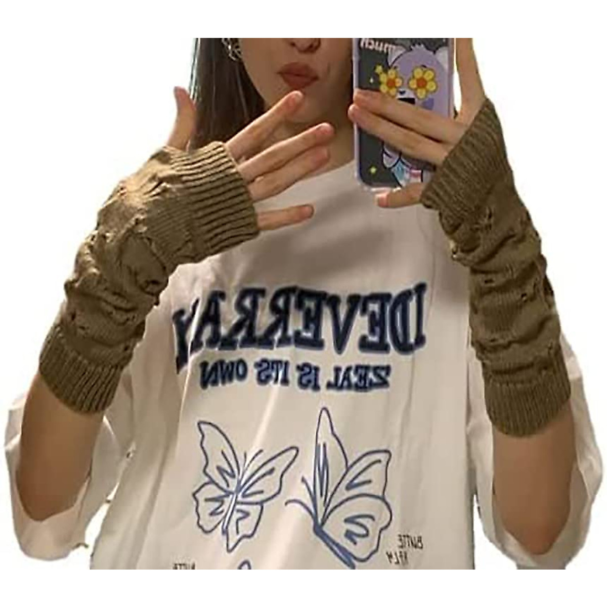 POHADON Fairy Grunge Gloves Alt Emo Goth Accessories Fingerless Ripped Long Sleeve Arm Warmers Y2k Gyaru Arm Sleeve Harajuku Egirl (One Size,Brown)
