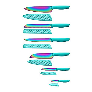 DISHWASHER SAFE Kitchen Knife Set, Marco Almond® KYA37 12-Piece Rainbow Titanium Stainless Steel Boxed Knives Set for Kitchen with Sheath, 6 Knives with 6 Blade Guards, Teal