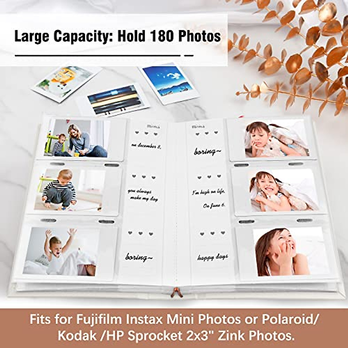 Photo Album for Fujifilm Instax Mini Camera, Polaroid Camera, Instax Photo Album with Memo Areas, 180 Pockets 2x3 Photo Album with Writing Space for Instax Mini 12 11 40 9 7+ Evo Liplay Camera,White
