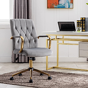 DUHOME Velvet Home Office Desk Chairs, Modern Gold Task Chair with Wheels for Office, Swivel Adjustable Computer Chair with Armrest and Gold Base Grey
