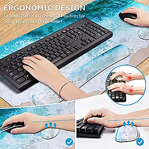iCasso Keyboard Mouse Pad Set,Extended Gaming Mouse Pad + Keyboard Wrist Rest Support, Memory Foam, Easy Typing Pain Relief, 3Pcs (35.4×15.7 in) Large Ultra Thick Mousepad Desk Mat (Beach)