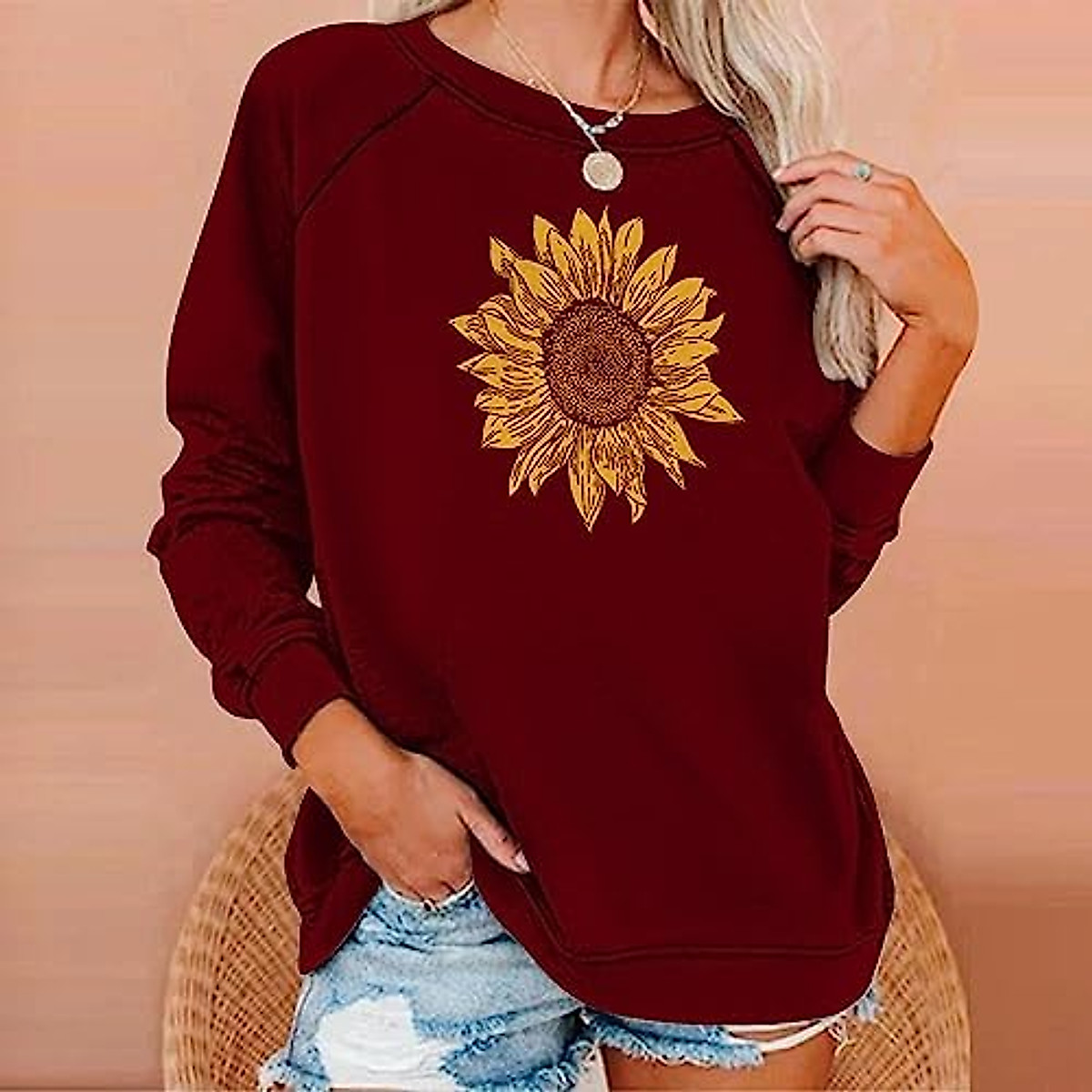 Womens Summer Clothes 2023 2024 Sudaderas para Mujer con Estampado girasoles Jersey Manga Larga Camisa Cuello Redondo ropa de otoño Primavera H2-Wine Small