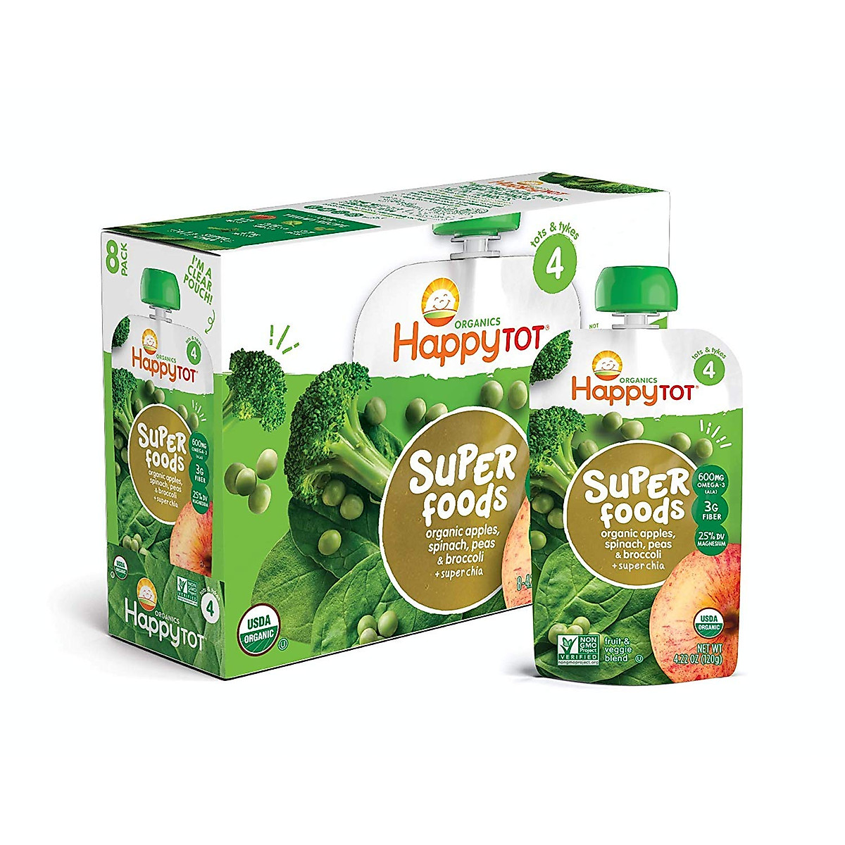 HAPPYTOT Organics Super Foods Stage 4, Apples Spinach Peas & Broccoli + Super Chia, 4.22 Ounce Pouch (Pack of 16) packaging may vary