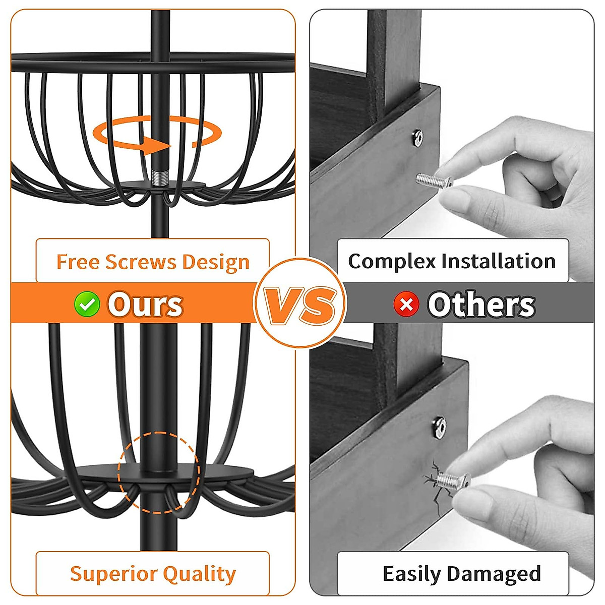 PouHenier.jh 5 Tier Fruit Basket Bowl for Kitchen Counter, Large Capacity Metal Wire Countertop Vegetables Storage Rack, Detachable Produce Stand Holder Organizer for Bread Snack (Black)