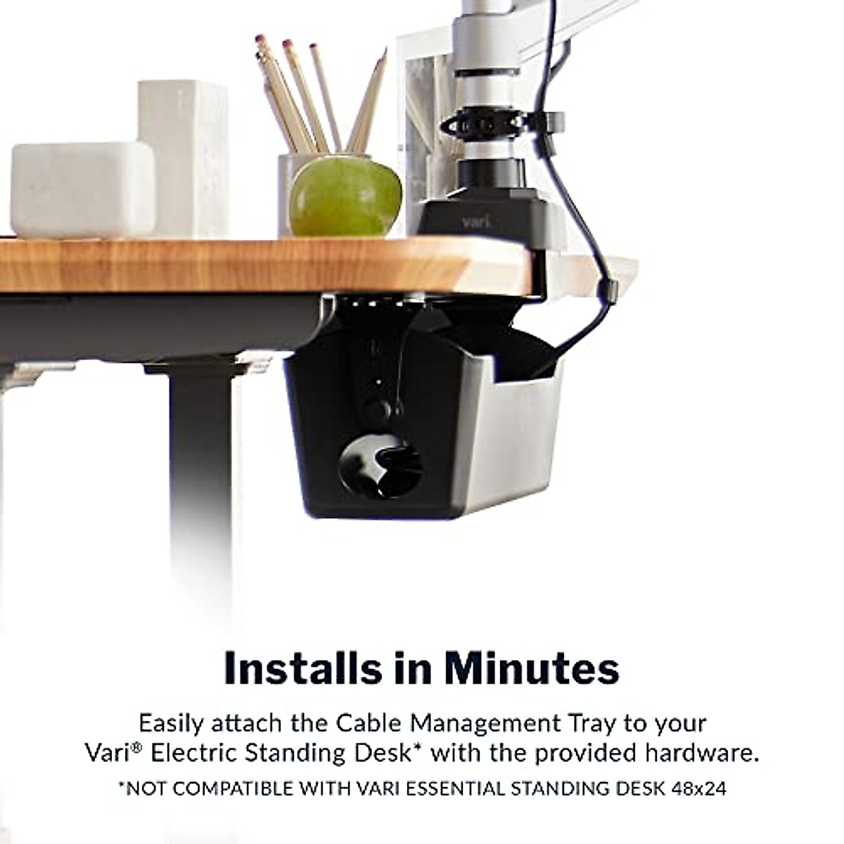 Vari Cable Management Tray - Under Desk Wire Management & Organization - Ideal for Home or Office Sit Stand Desks - Fits Electric Standing Desk 48x30, 60x30, 60x24, 72x30 - Easy Assembly (Black)