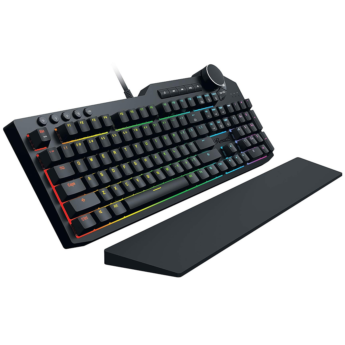 Rosewill Mechanical Gaming Keyboard, 15 RGB Backlit Modes, 2-Port USB Passthrough, Media Keys and Multifunctional Volume Dial, Magnetic Wrist Rest, Tactile Brown Switches - NEON K90 RGB BR, Black