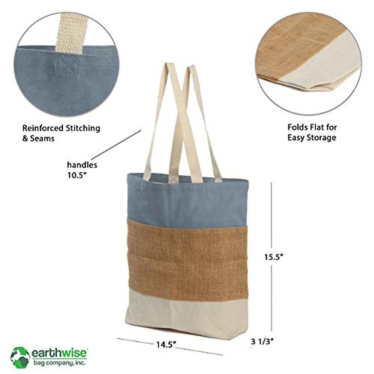 Earthwise Reusable Grocery Bags Color Cotton Canvas Blank Shopping Totes Sturdy 14.5" W x 15" H x 3" D (Pack of 6)