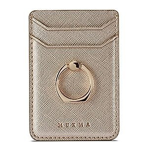 Lnobern Premium PU Leather Phone Card Holder Stick with RFID On Wallet with Ring Kickstand for iPhone and Android Smartphones (Gold)