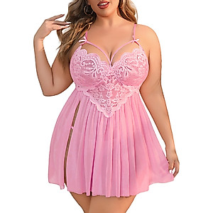 Avidlove Plus Lingerie Lace Babydoll Strap Chemise Nightgown V Neck Nightwear Sexy Sleepwear Sheer Mesh Nighty Pink 3X-Large