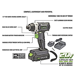 Genesis GLID20A 20 Volt Lithium-ion Battery-Powered Cordless Variable Speed Impact Driver with 1/4" Collet , Built-In LED Work Light, 20V Battery, Charger and Screwdriver Bit