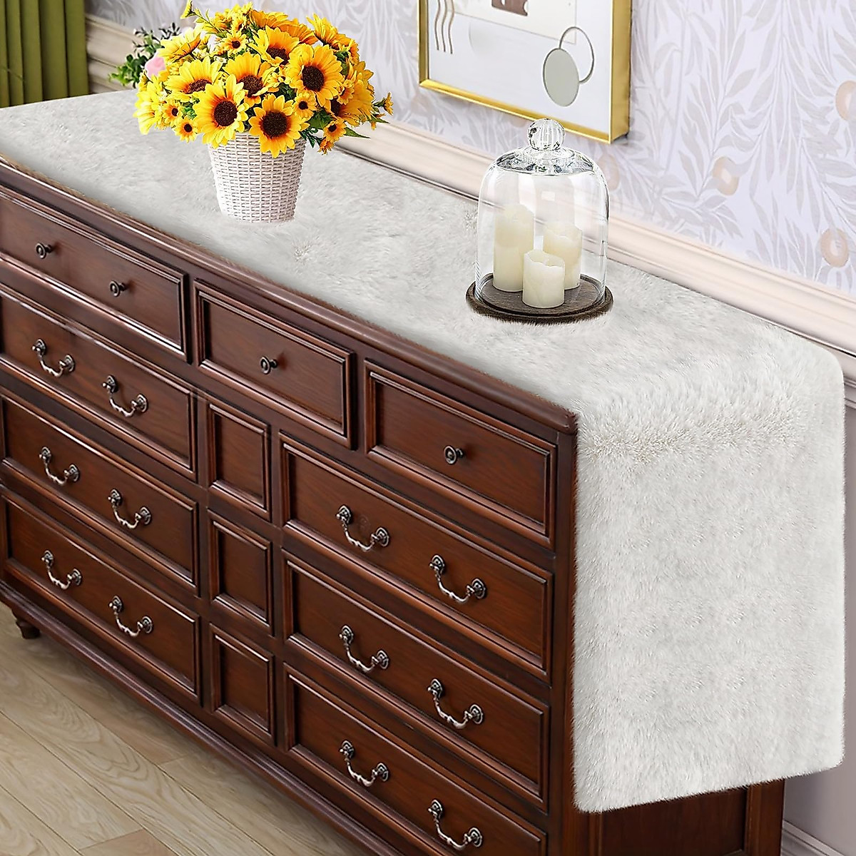 yuboo White Fur Table Runner, Dresser Runner for Bedroom Furniture Fluffy Dresser Top Cover 15 x 108 Inches