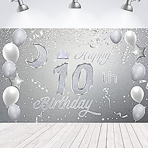 Sweet Happy 10th Birthday Backdrop Banner Poster 10 Birthday Party Decorations 10th Birthday Party Supplies 10th Photo Background for Girls,Boys,Women,Men - Silver 72.8 x 43.3 Inch
