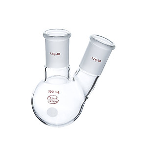 Wilmad-LabGlass LG-7291-222 Double Neck (Center Vertical & Side Angled) Round Bottom Flask, 100mL, Standard Taper 24/40 Center, Standard Taper 24/40 Side