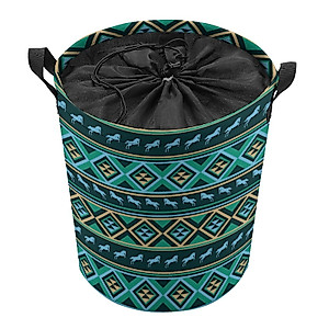 Large Laundry Basket, Teal Green Native American Tribal Ethnic Western Horse Collapsible Drawstring Laundry Hamper, Waterproof Storage Baskets with Handles for Household Bedroom, Bathroom, Dorm