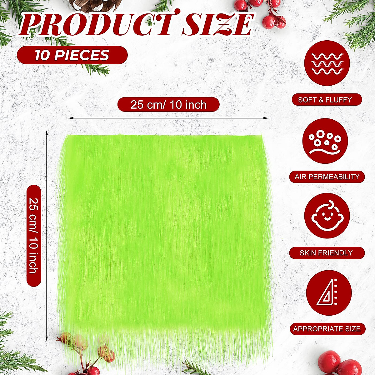 Oudain 10 Pcs Green Fur Fabric Squares 10"×10" Green Winter Squares Soft Faux Fur Green Fur Fluffy Fabric for DIY Crafts, Costumes, Apparel, Rugs, Pillows, Decor(Green)