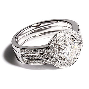 WSX Gold 1ct Moissanite Bridal Rings Sets for Women Her Bright Halo Wedding ring Simulated Diamond Engagement Ring Trio Set