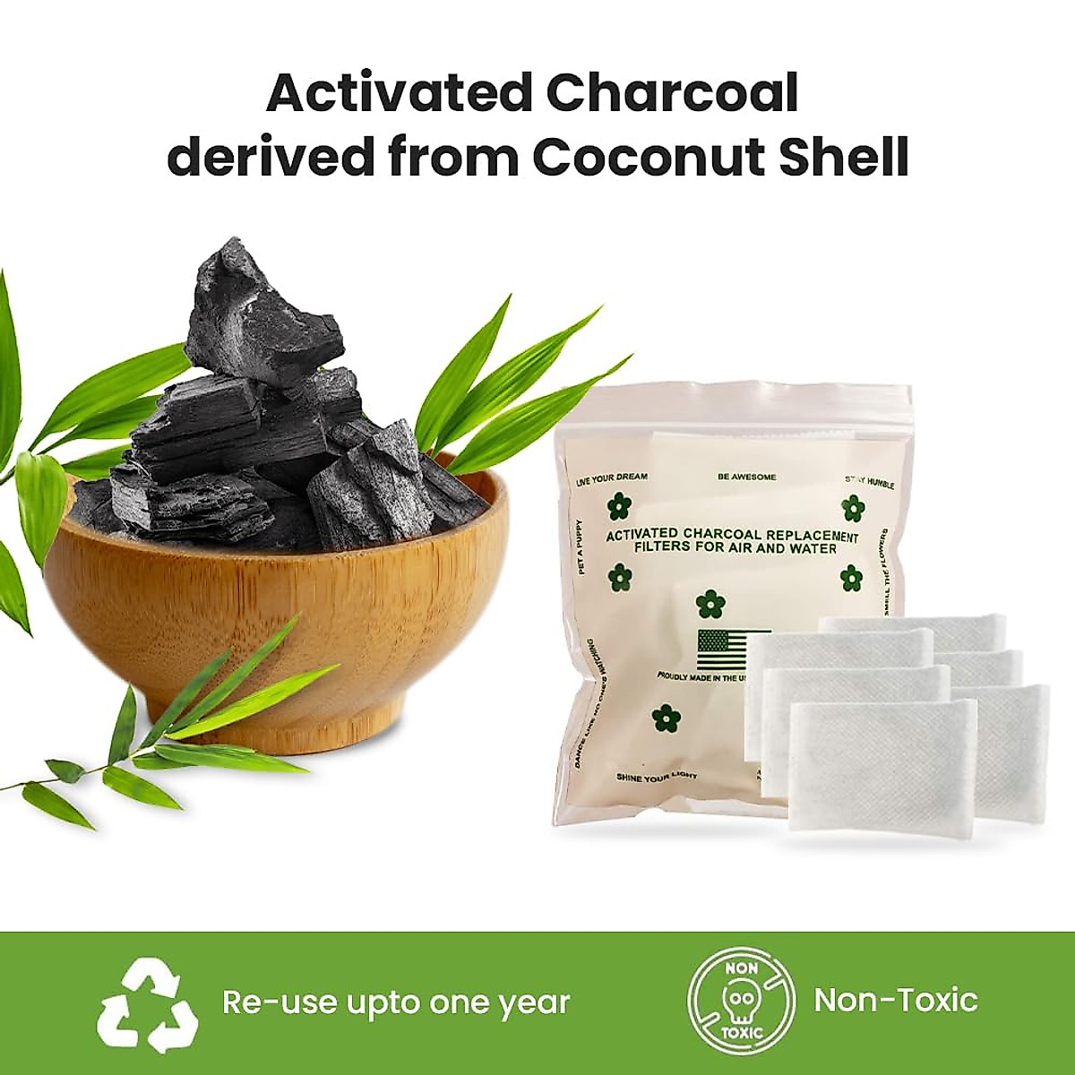 Green Piece - Overstuffed and Double Sized - All Natural Baby Diaper Pail Deodorizer Activated Charcoal (Pack of 6) 2" X 3")