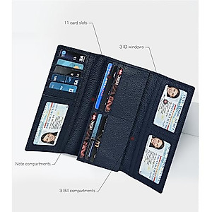 ESTALON Leather Long Bifold Wallet for Women | RFID Blocking | 11 Card Organizer Slots | 3 ID Windows | Trendy Women's Travel Wallet | Ladies Clutch Purse | Gifts for Her | Navy Pebble