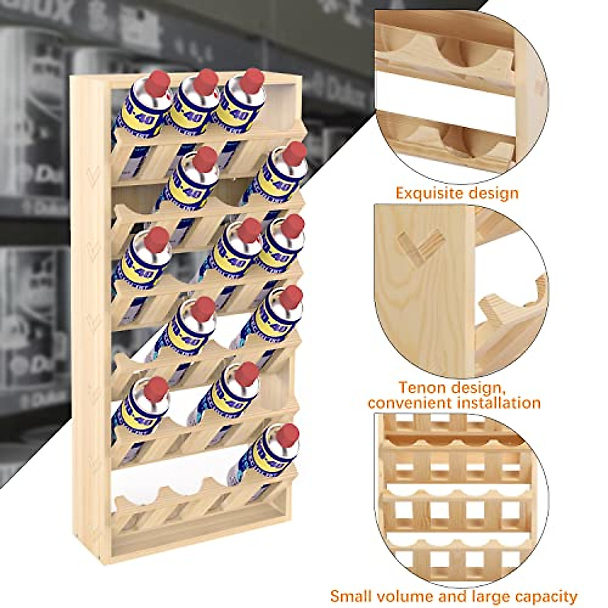 Nisorpa 24 Can Spray Paint or Lube Can Holder Aerosol Can Rack 6-Tier Wooden Spray Paint Can Storage Rack Wall Mount Aerosol Spray Can Organizer for Garage and Craft Workroom- 14.2" L x 5" W x 30" H