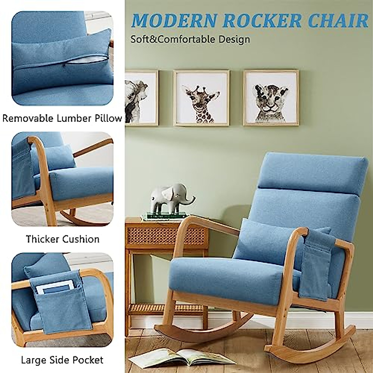 ABAKAN Rocking Chair Nursery Fabric Glider Rocker Living Room Chairs, Office Reading Armchairs with Solid Wood Frame, Side Pocket/Easy to Install(Blue)