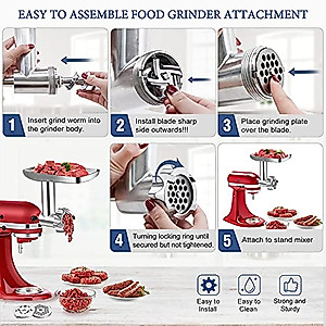 Metal Food Grinder Attachment for KitchenAid Stand Mixers, BQYPOWER Meat Grinder Attachment Included 2 Sausage Stuffer Tubes, 3 Grinding Blades, 3 Grinding Plates
