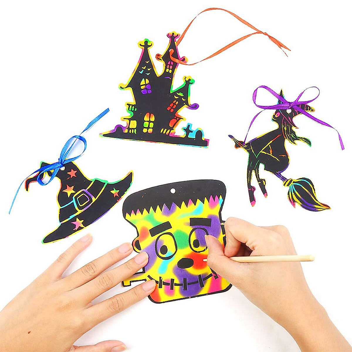 CCINEE 80pcs Halloween Theme Scratch Paper Rainbow Scratch Art Paper Craft Kit with 12pcs Wooden Styluses and 80pcs Ribbons for Halloween Party Supplies