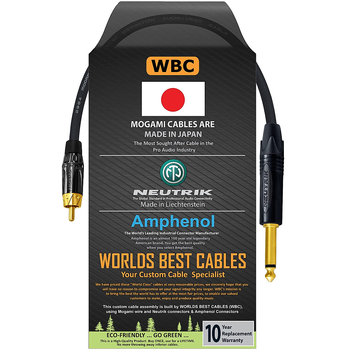 WORLDS BEST CABLES 1 Foot – TS to RCA Cable – Mogami 2964 Audio Interconnect Cable & Neutrik NP2X-B & Amphenol ACPL-CBK Gold Plugs - CUSTOM MADE