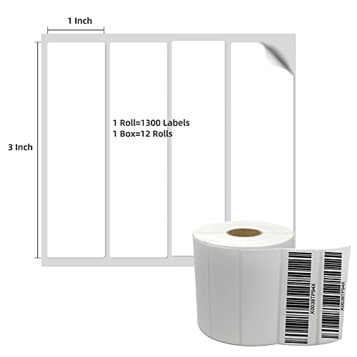 AKOGIRSE 3"x1" Multipurpose Barcode/FNSKU/UPC/FBA Direct Thermal Label, 12 Rolls/15600 Labels, Perforated, Strong Adhesive Shipping Label Compatible with Rollo & Zebra Desktop Printer, BPA&BPS Free