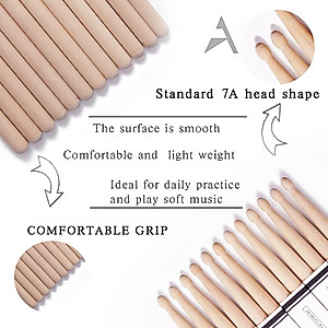 AQJUNONG Drum Sticks，7A Drumsticks, 12 Pairs Classic Maple Wood Tip Drum Sticks for Kids and Adults, Professional Musical Instrument Percussion Accessories