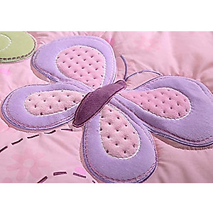 Brandream Crib Bedding Sets for Girls with Purple Butterfly | Baby Comforter, Fitted Sheet, Dust Ruffle and Diaper Stacker, Ambroidered Floral Animal Pink, 4 Pieces