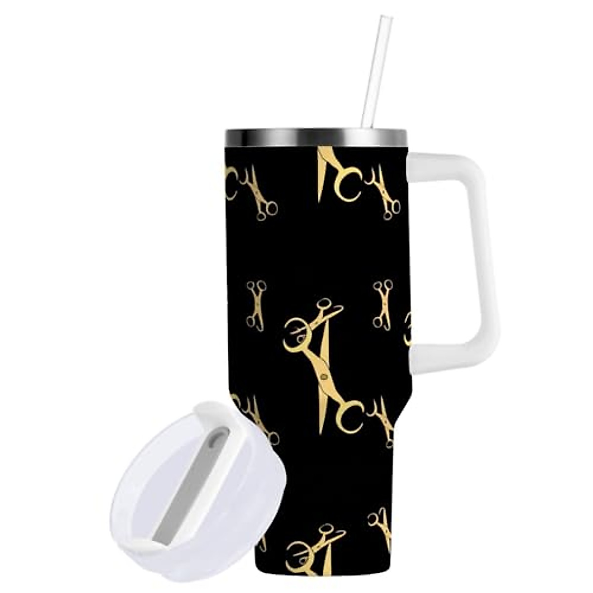 RPLIFE Elegant Cartoon Golden Scissors Black 40 Oz Tumbler with Handle, 30 Oz Tumbler, Tumbler for Men