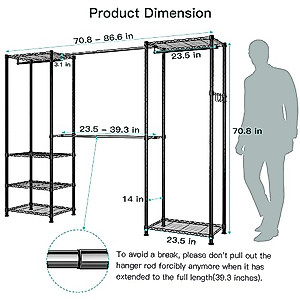 Ulif E1 Heavy Duty Closet Garment Rack, 6 Tiers Adjustable Metal Freestanding Expandable Clothing Storage with 4 Hanger Rods, Easy to Assemble Wardrobe, 70.8” H x (70.8” - 86.6”) L x 14” D, Black