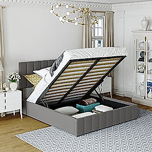 TARTOP Queen Upholstered Platform Bed with Gas Lift up Storage, Queen Bed Frame with Storage Underneath and Tufted Headboard, Wooden Platform Bed with Hydraulic Storage System,Gray